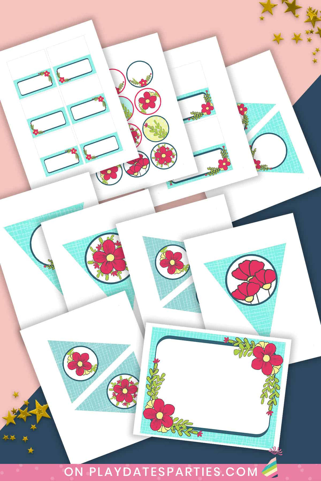 Blue and Pink Poppy Party Printables (Lite Package with Triangle Banne ...